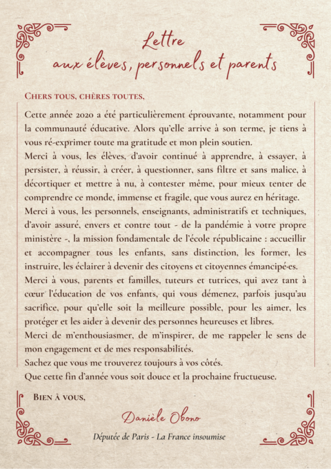 Lettre aux élèves, personnels et parents de la circonscription